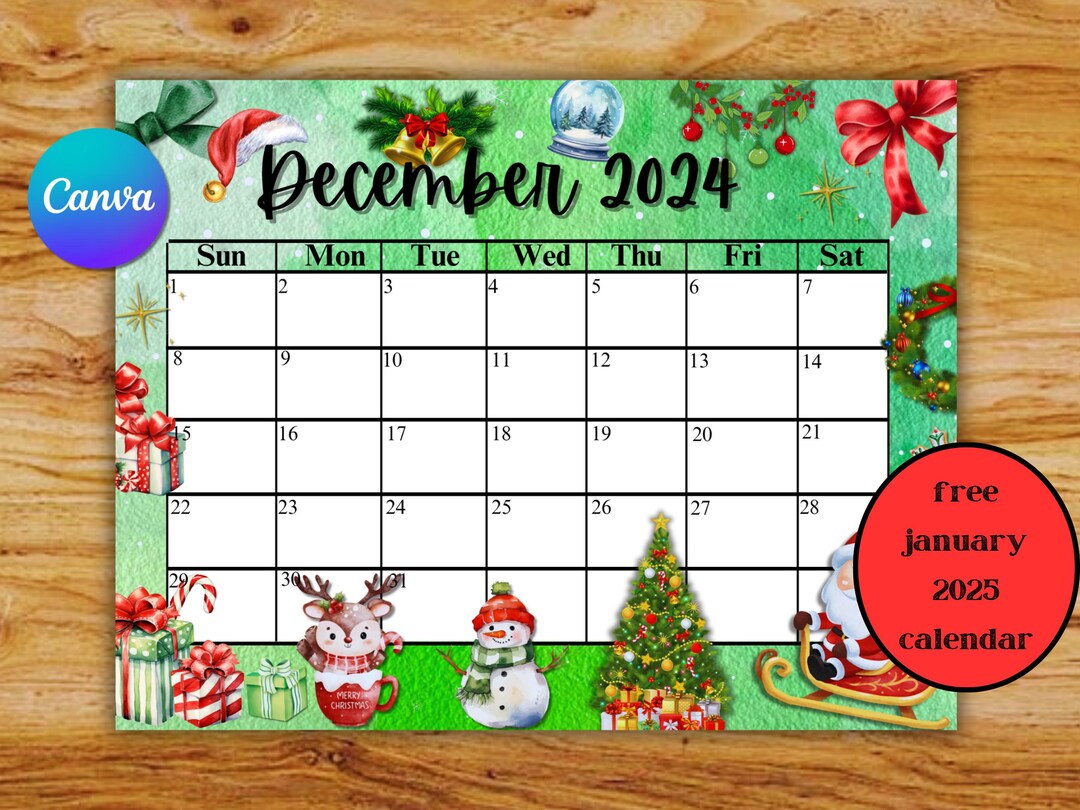 Editable December 2024 Calendar With Colorful Christmas Design ...