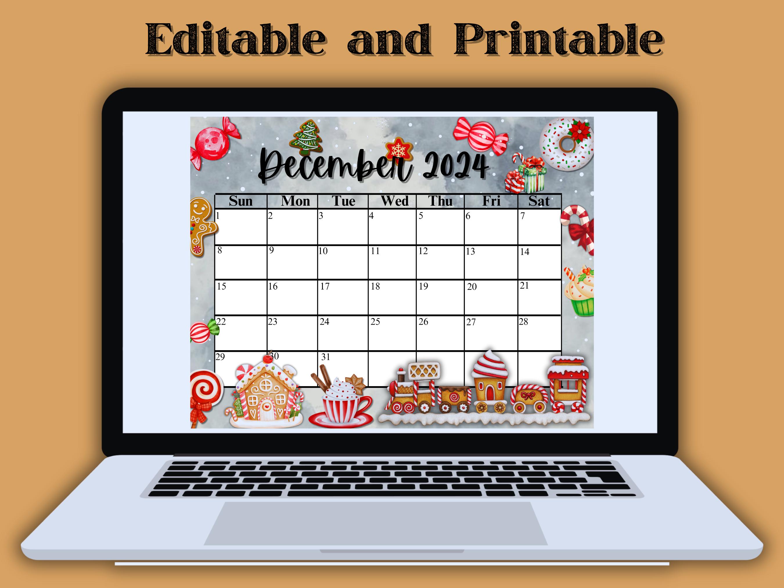 Editable December 2024 Calendar Printable - Colorful Christmas Theme ...