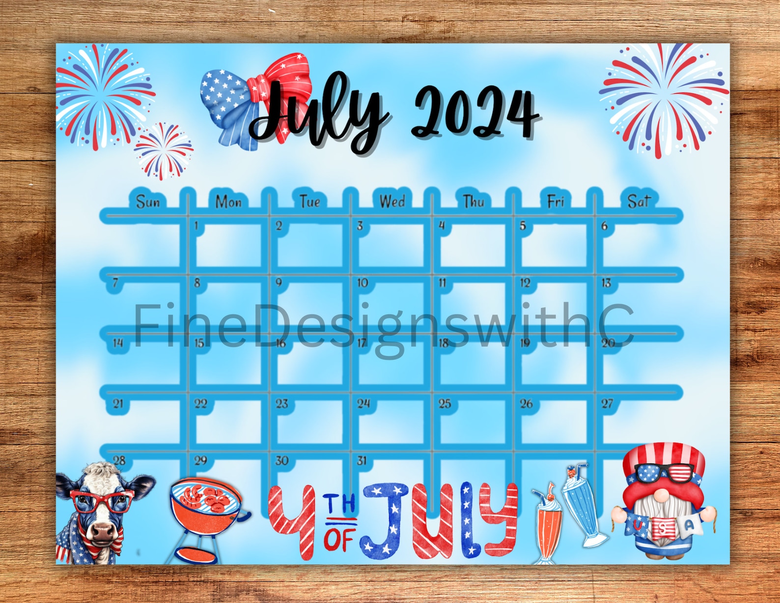 July 2024 Calendar, 4th July Independence Day, Printable Monthly ...