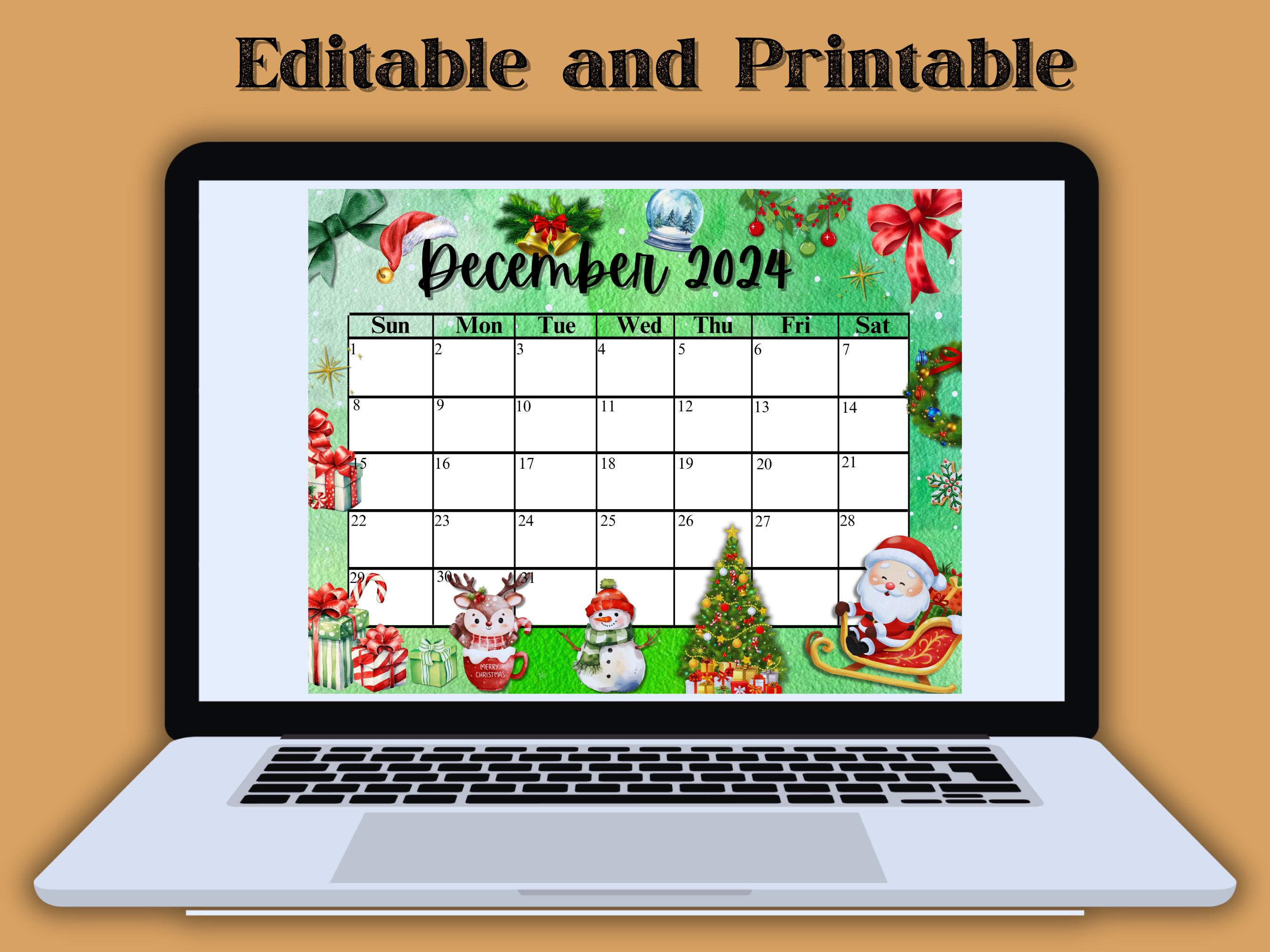 Editable December 2024 Calendar With Colorful Christmas Design ...