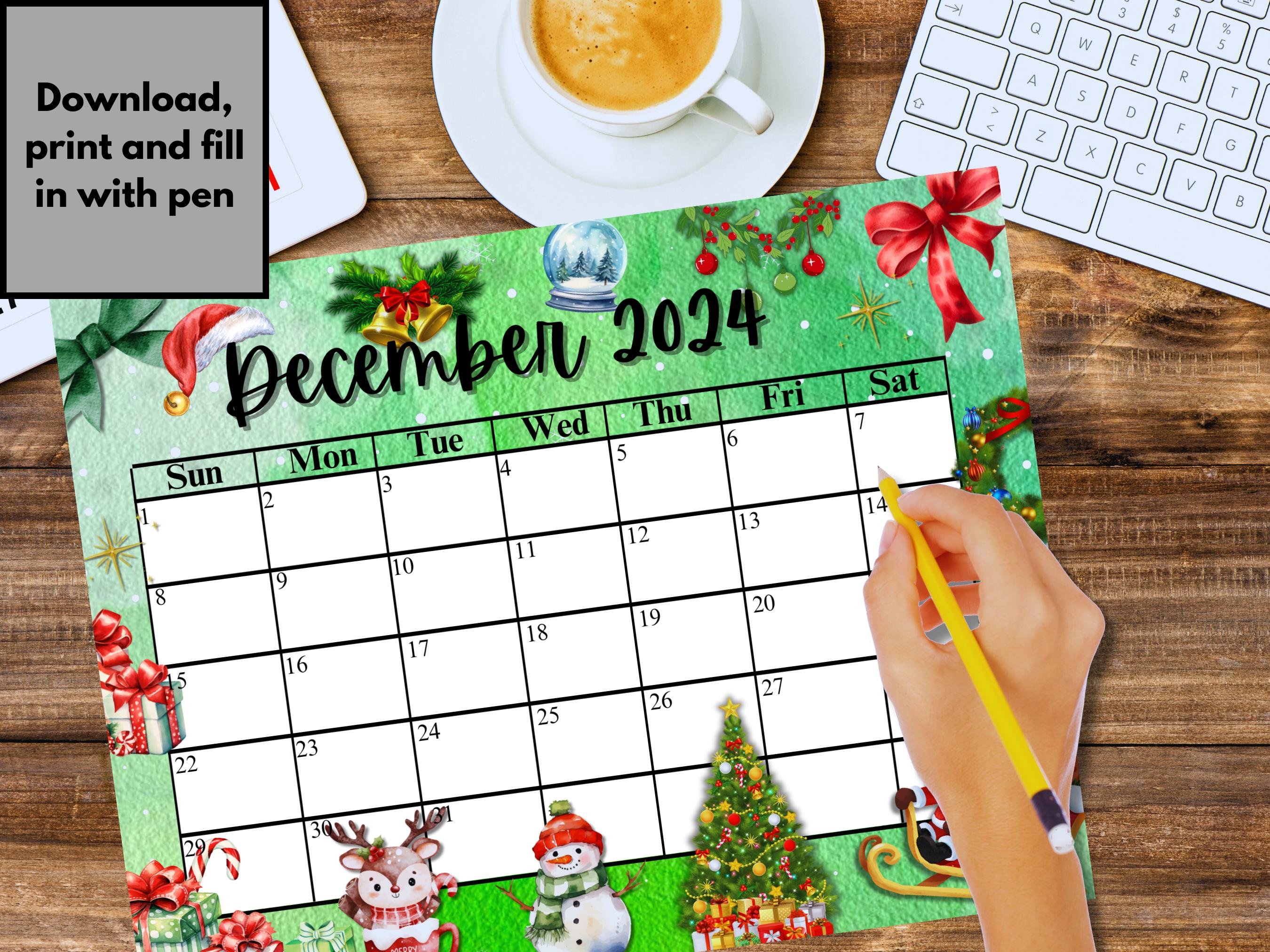 Editable December 2024 Calendar With Colorful Christmas Design ...