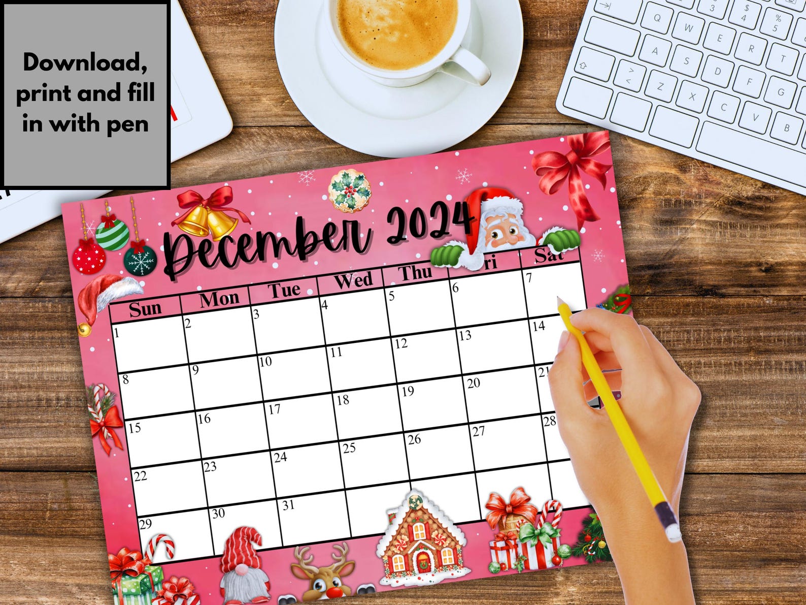 Editable Printable December 2024 Calendar - Santa & Reindeer Christmas ...