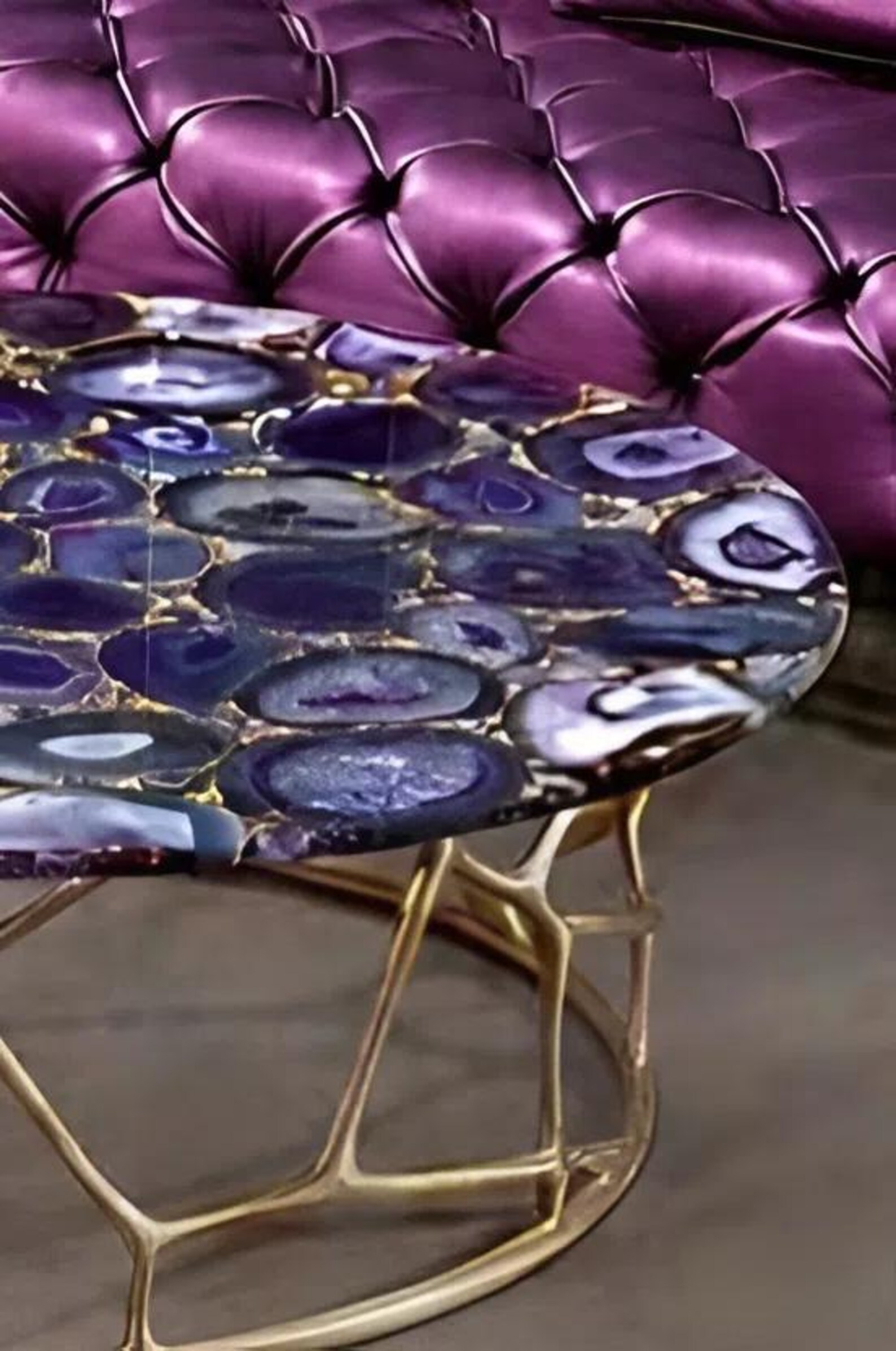 Luxury Purple Agate Coffee Table, Round Gemstone Dining Table With Gold ...