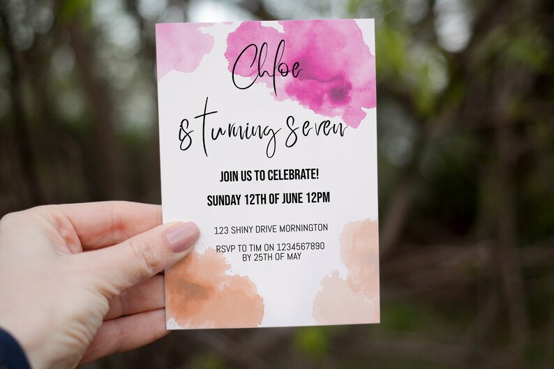 Editable Watercolour Birthday Invitation, Cursive Style, Clean Design ...