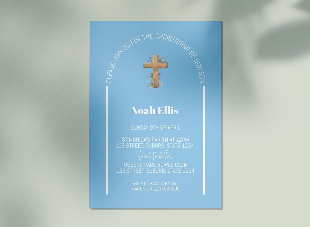 Editable Christening Invitation Template Blue Minimalist - Etsy