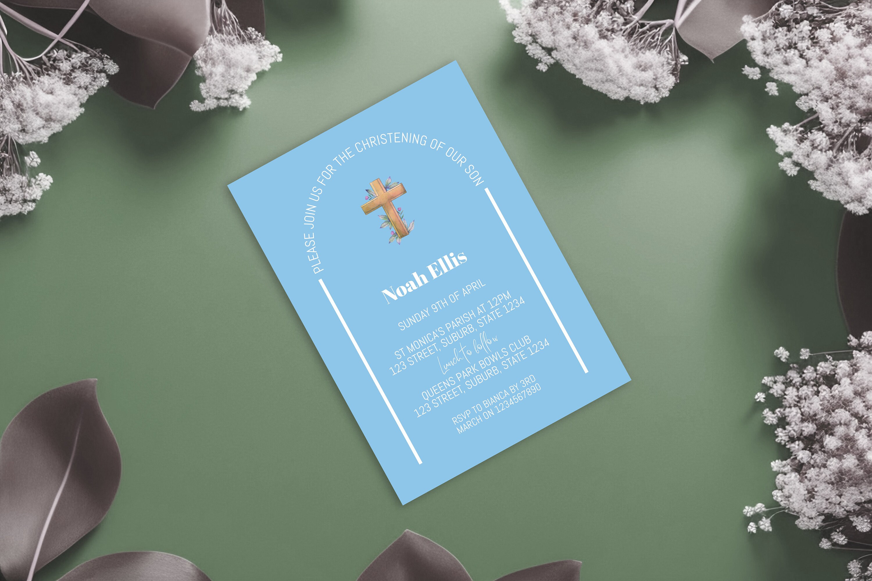 Editable Christening Invitation Template Blue Minimalist - Etsy