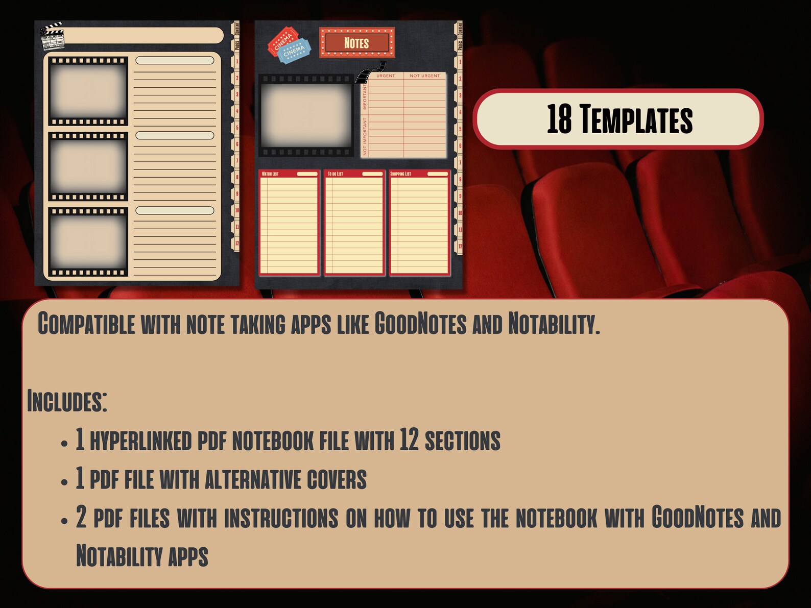Cinema Themed Digital Hyperlinked Notebook With 12 Sections, 18 Page ...