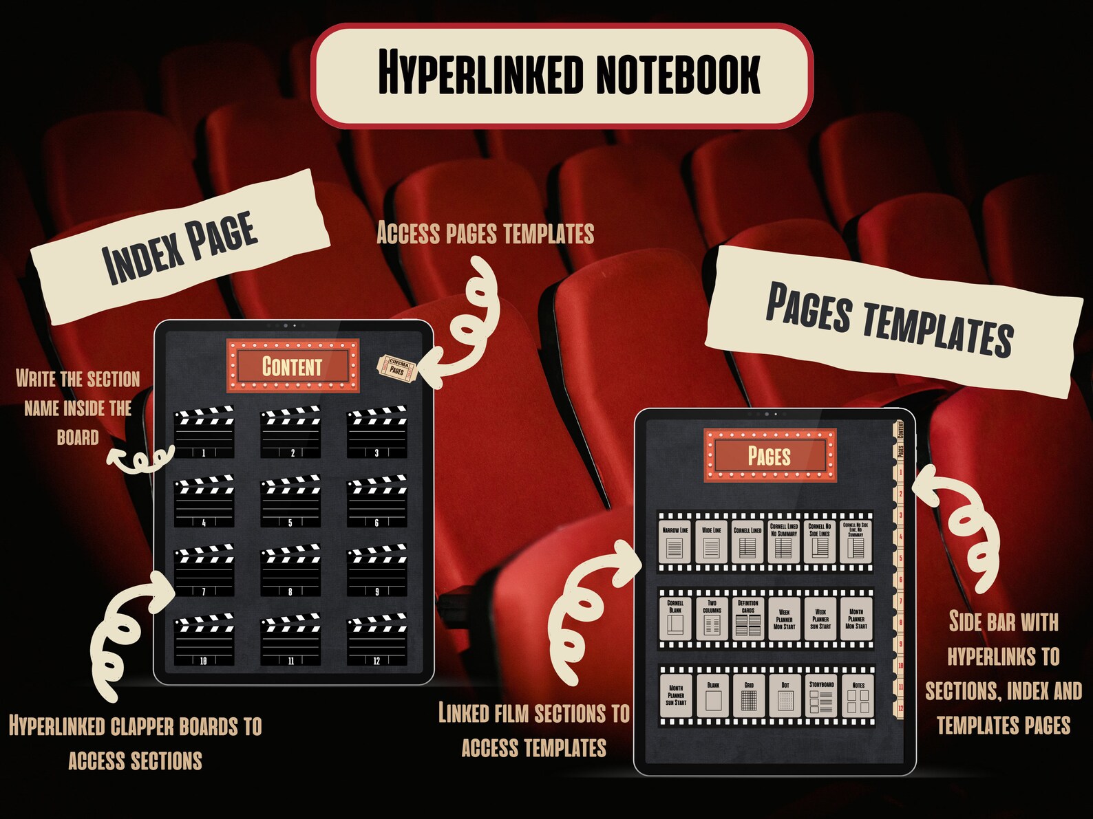 Cinema Themed Digital Hyperlinked Notebook With 12 Sections, 18 Page ...