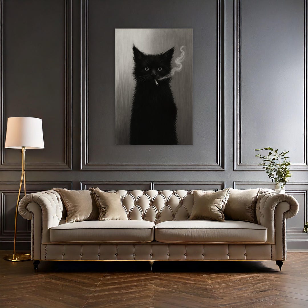 Smoking Black Cat Wall Art – Dark Gothic Cat Portrait Print, Edgy ...