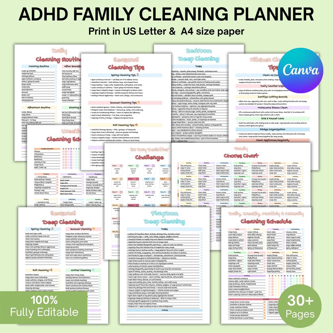 Printable ADHD Family Cleaning Planner Bundle | ADHD Cleaning Planner ...