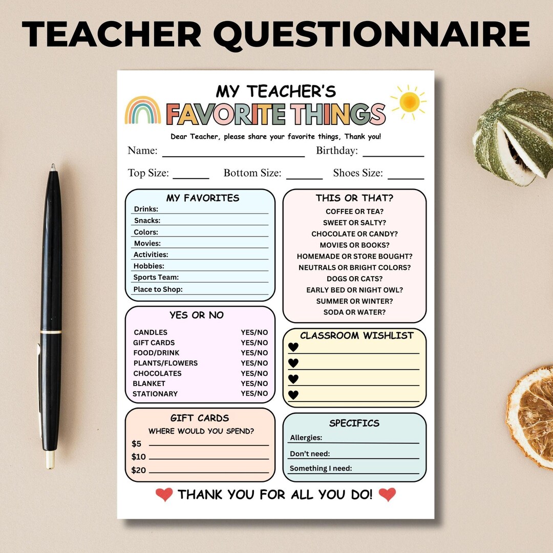 Favorite Things Questionnaire | Teacher Favorite Things List | Editable ...