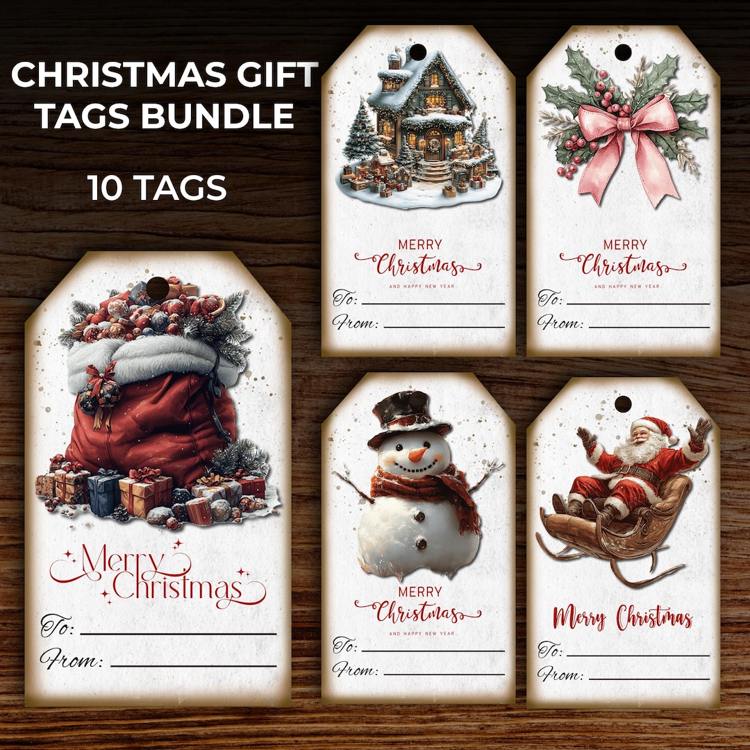 Christmas Gift Tags Bundle | 10 Holiday Vintage Printable Tags | Merry ...