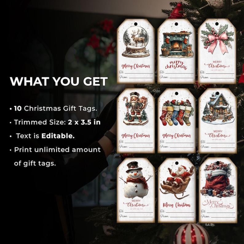 Christmas Gift Tags Bundle | 10 Holiday Vintage Printable Tags | Merry ...