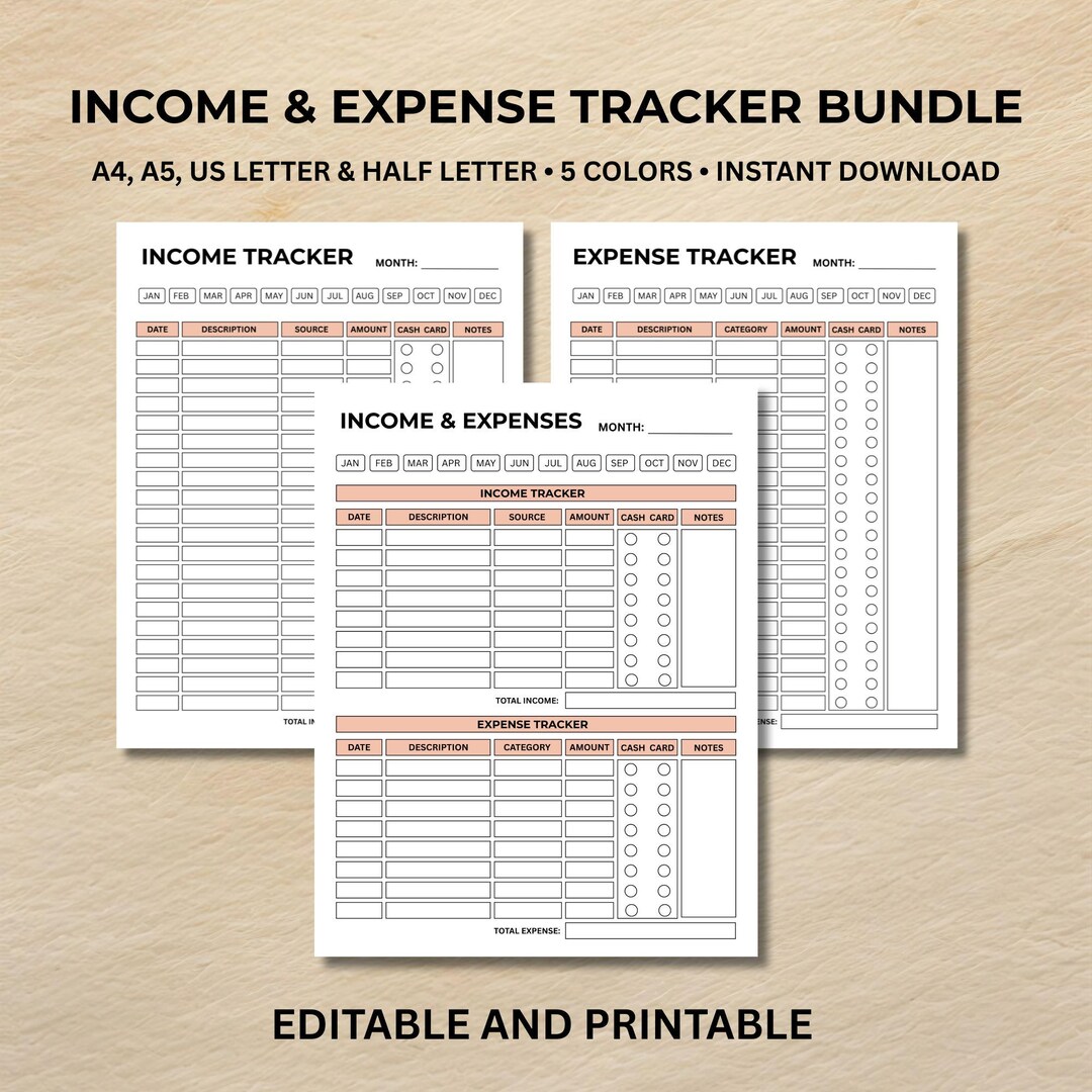 Simple Income Expense Tracker Printable and Editable | Monthly Budget ...