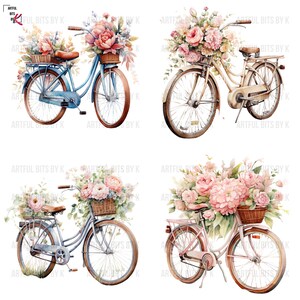 12 PNG Watercolor Floral Bicycle Clipart Bundle, Rose Bicycle Art ...
