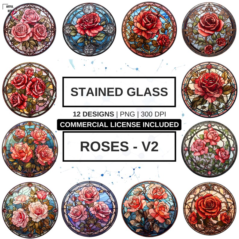 12 Pngs Stained Glass Roses Clipart Set 2 Digital Planner - Etsy