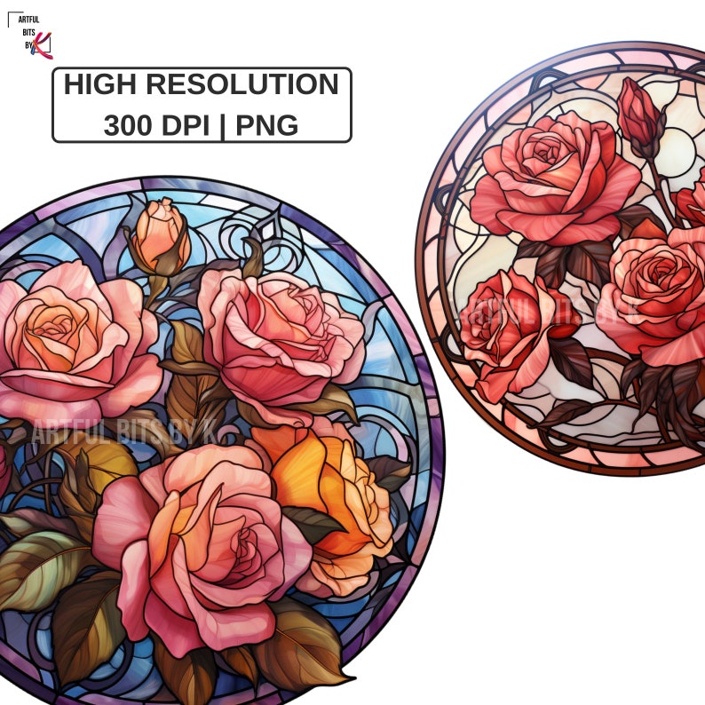 12 Pngs Stained Glass Roses Clipart Set 1, Digital Planner, Junk ...
