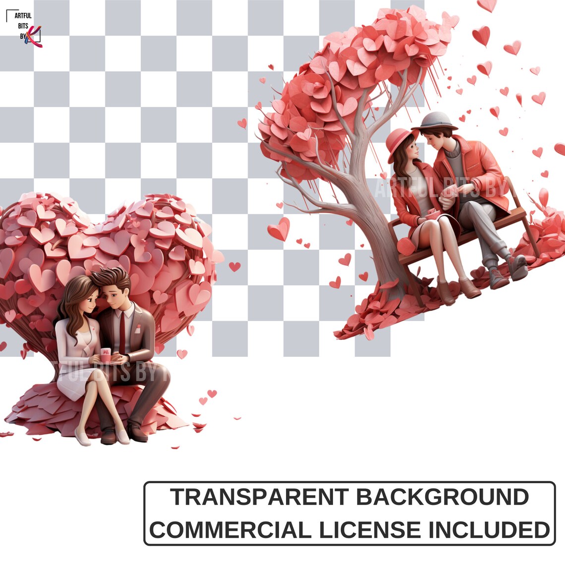 12 PNG Romantic Valentine's Day Clipart Set, 3D Couples Under Heart-shaped Trees, Love and ...