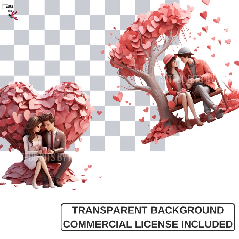 12 PNG Romantic Valentine's Day Clipart Set, 3D Couples Under Heart ...