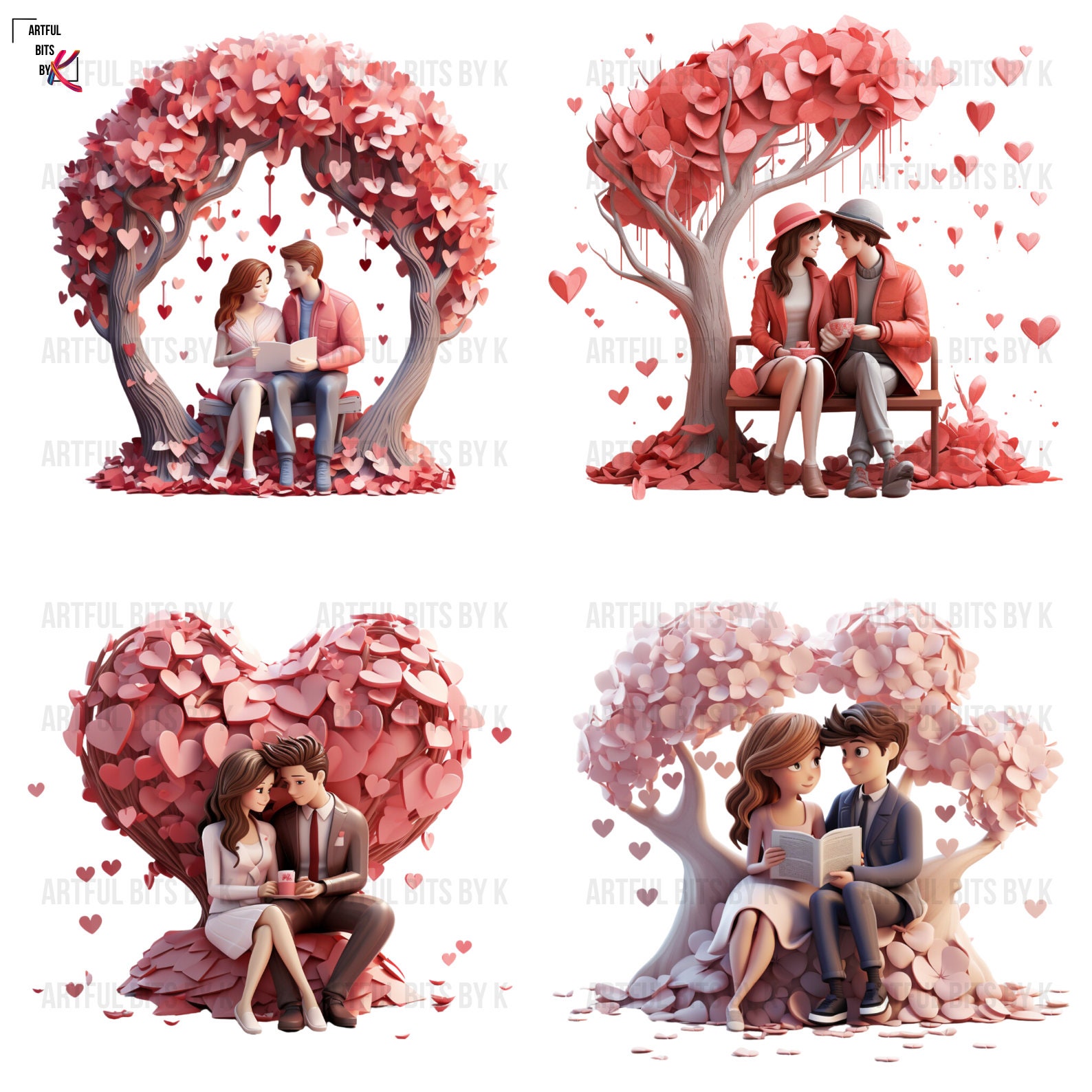 12 PNG Romantic Valentine's Day Clipart Set, 3D Couples Under Heart ...
