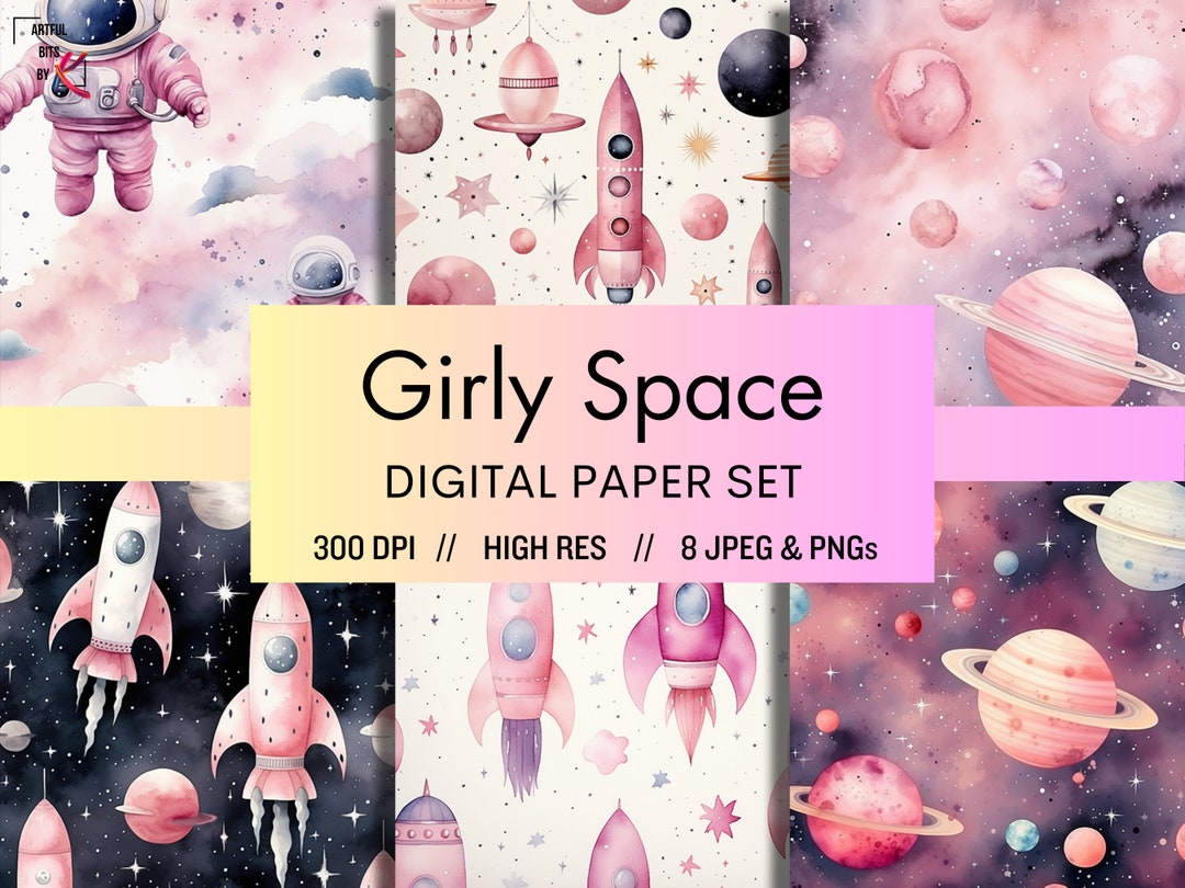 Watercolor Astronaut Space Digital Paper Pack, Girl Pattern, Nursery ...