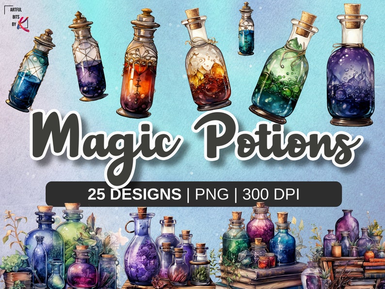25 PNG Magic Potions Watercolor Clipart, Potions Fantasy Clip Art ...