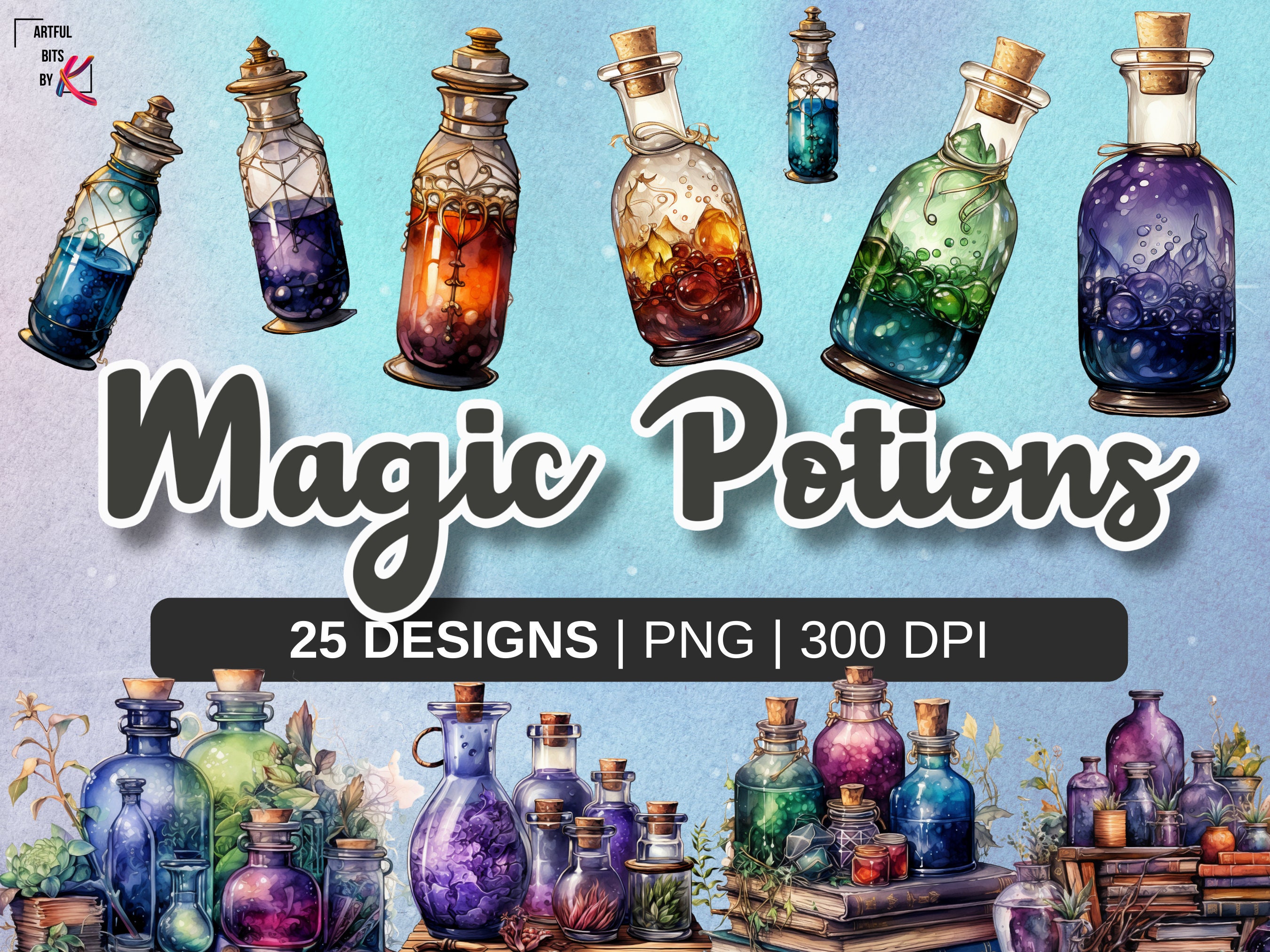 25 PNG Magic Potions Watercolor Clipart, Potions Fantasy Clip Art ...