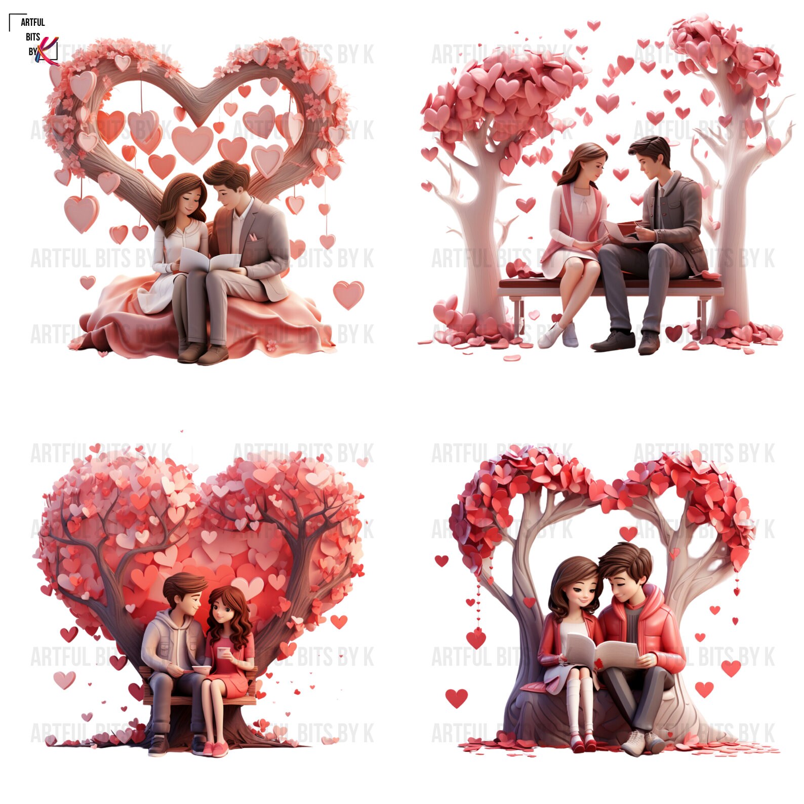 12 PNG Romantic Valentine's Day Clipart Set, 3D Couples Under Heart ...