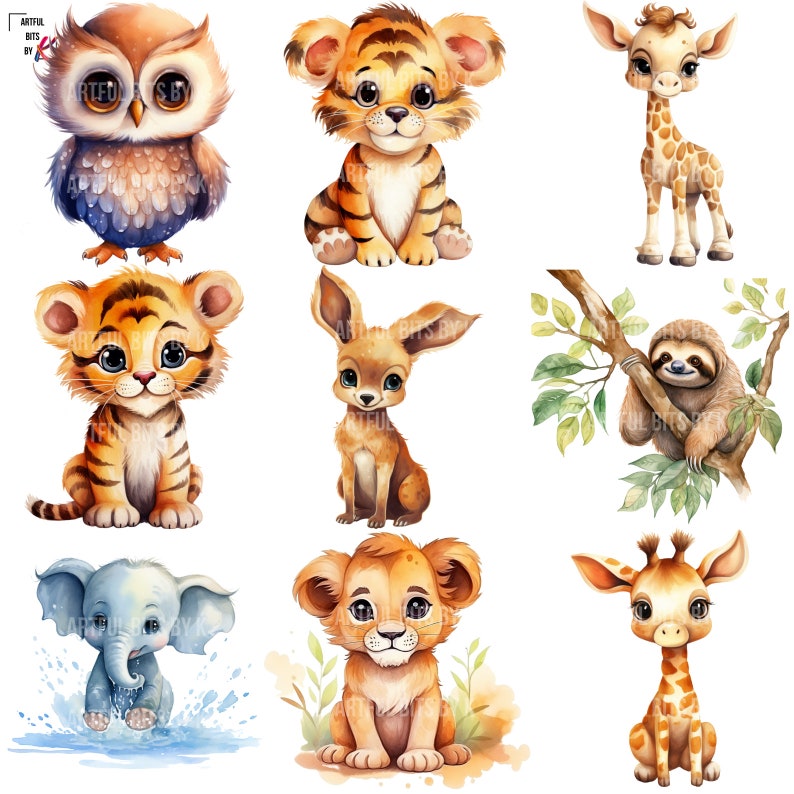 33 PNG Safari Jungle Animals Watercolor Clipart Bundle, Elephant, Hippo ...