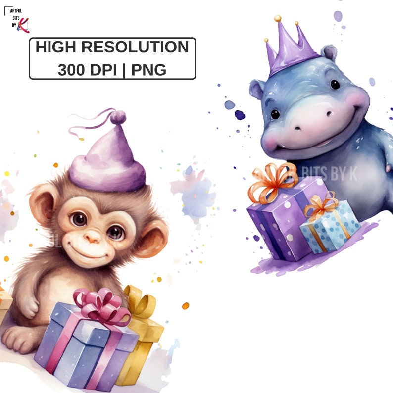 18 PNG Watercolour Safari Birthday Animals Clipart, Cute Birthday Party ...