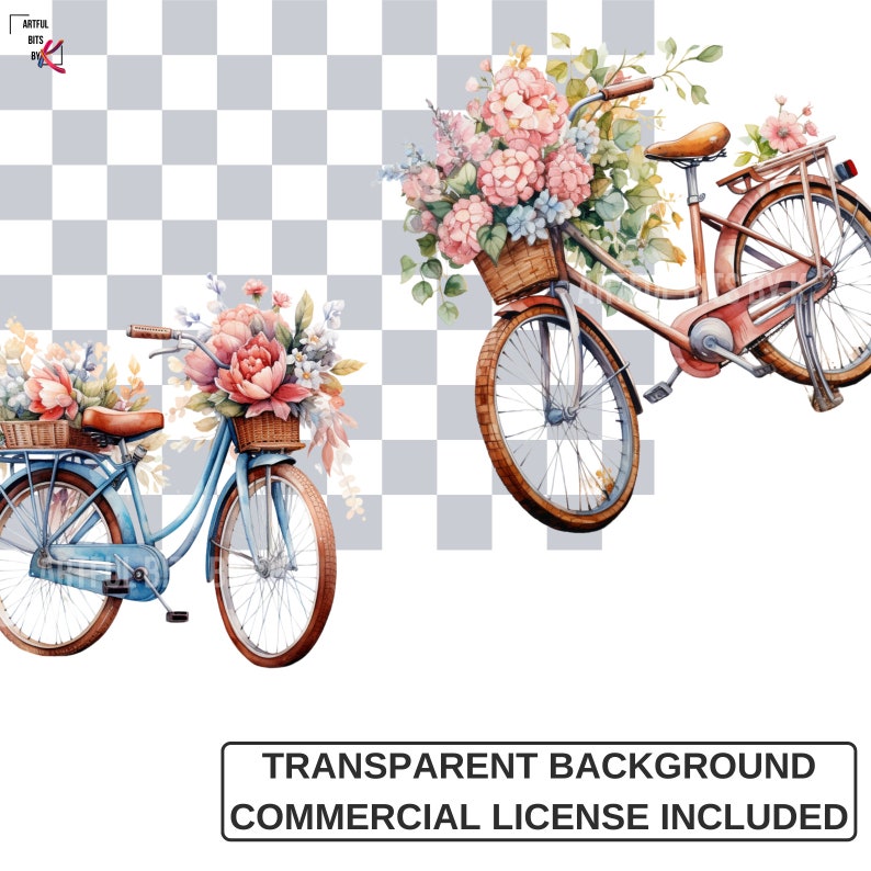 12 PNG Watercolor Floral Bicycle Clipart Bundle, Rose Bicycle Art ...