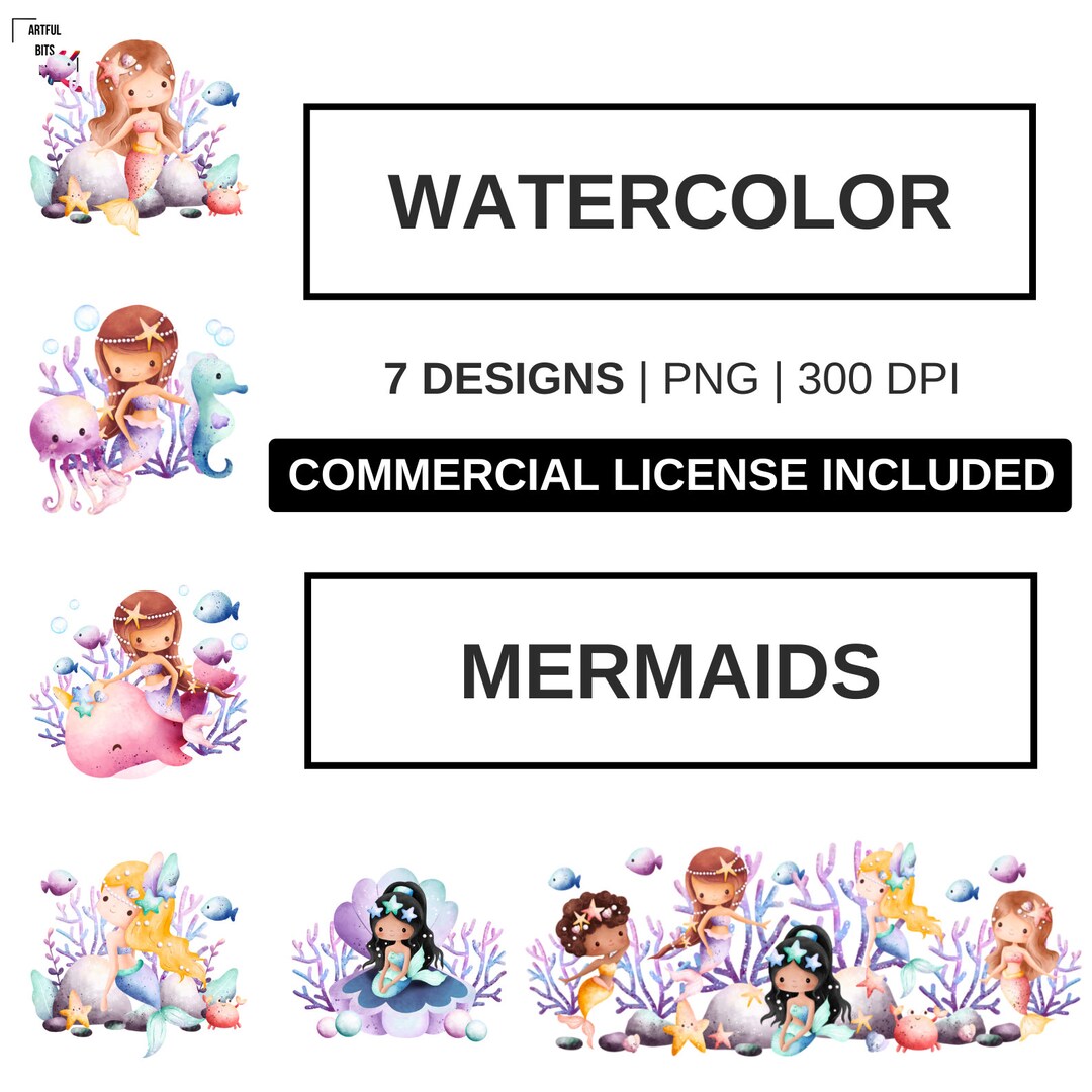 7 PNG Little Mermaid Watercolor Clipart, Little Sea Babies, Mermaid ...