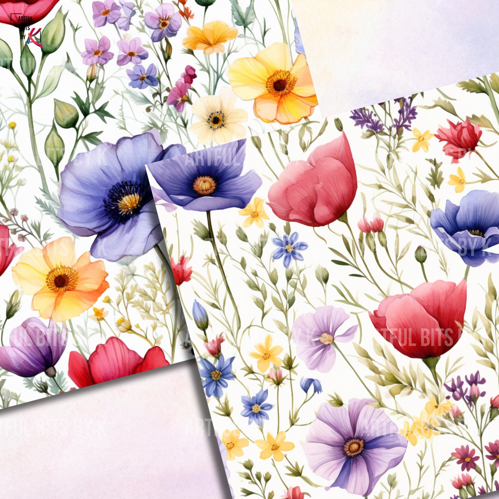 12 Seamless Watercolor Wildflowers Digital Paper Spring - Etsy
