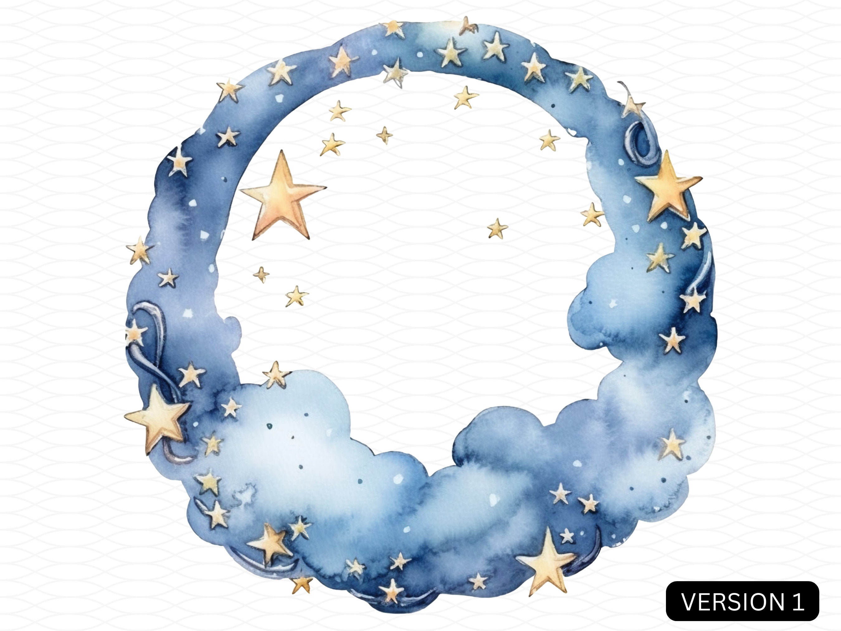 3 PNG Watercolor Stars Moons Clouds Wreath Frame Starry Night Clipart ...