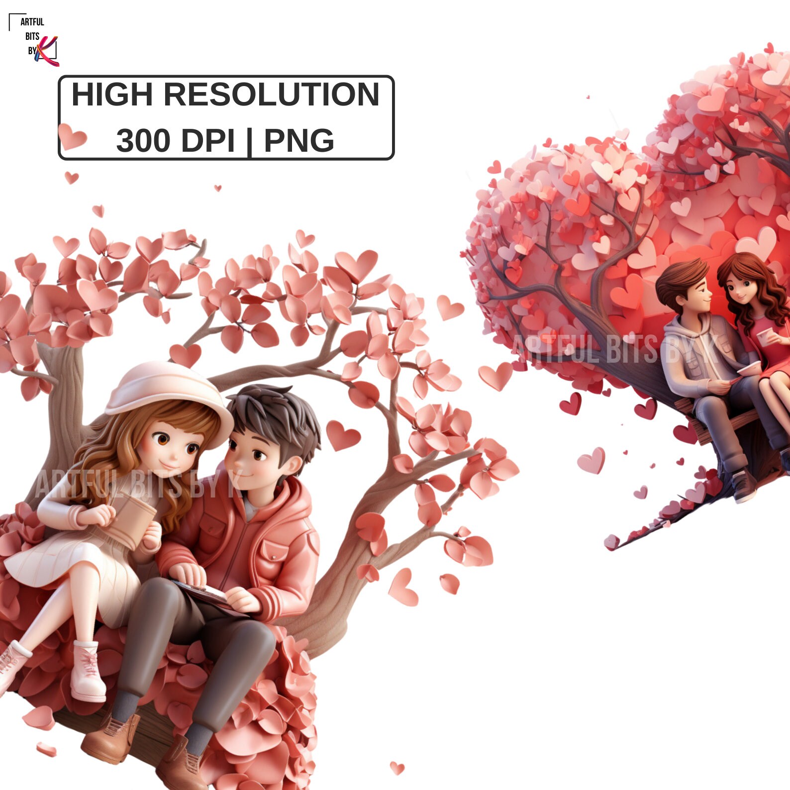 12 PNG Romantic Valentine's Day Clipart Set, 3D Couples Under Heart ...