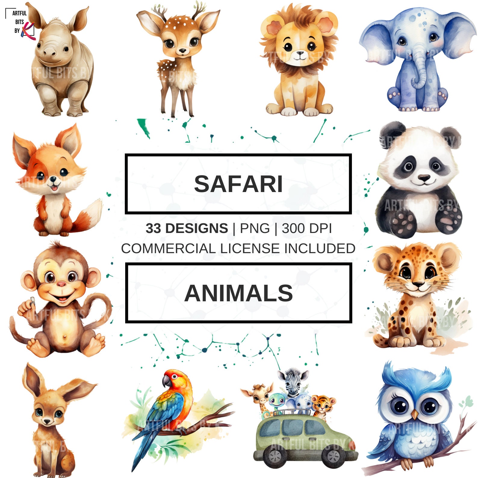 33 PNG Safari Jungle Animals Watercolor Clipart Bundle, Elephant, Hippo ...