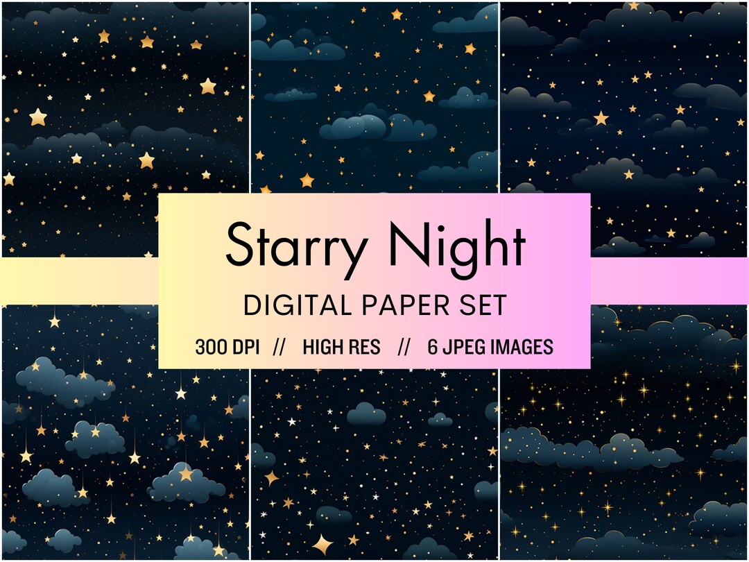 Celestial Starry Night Digital Paper Seamless Navy Watercolor Textures ...