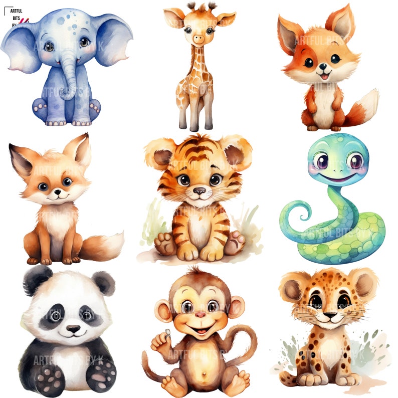 33 PNG Safari Jungle Animals Watercolor Clipart Bundle, Elephant, Hippo ...