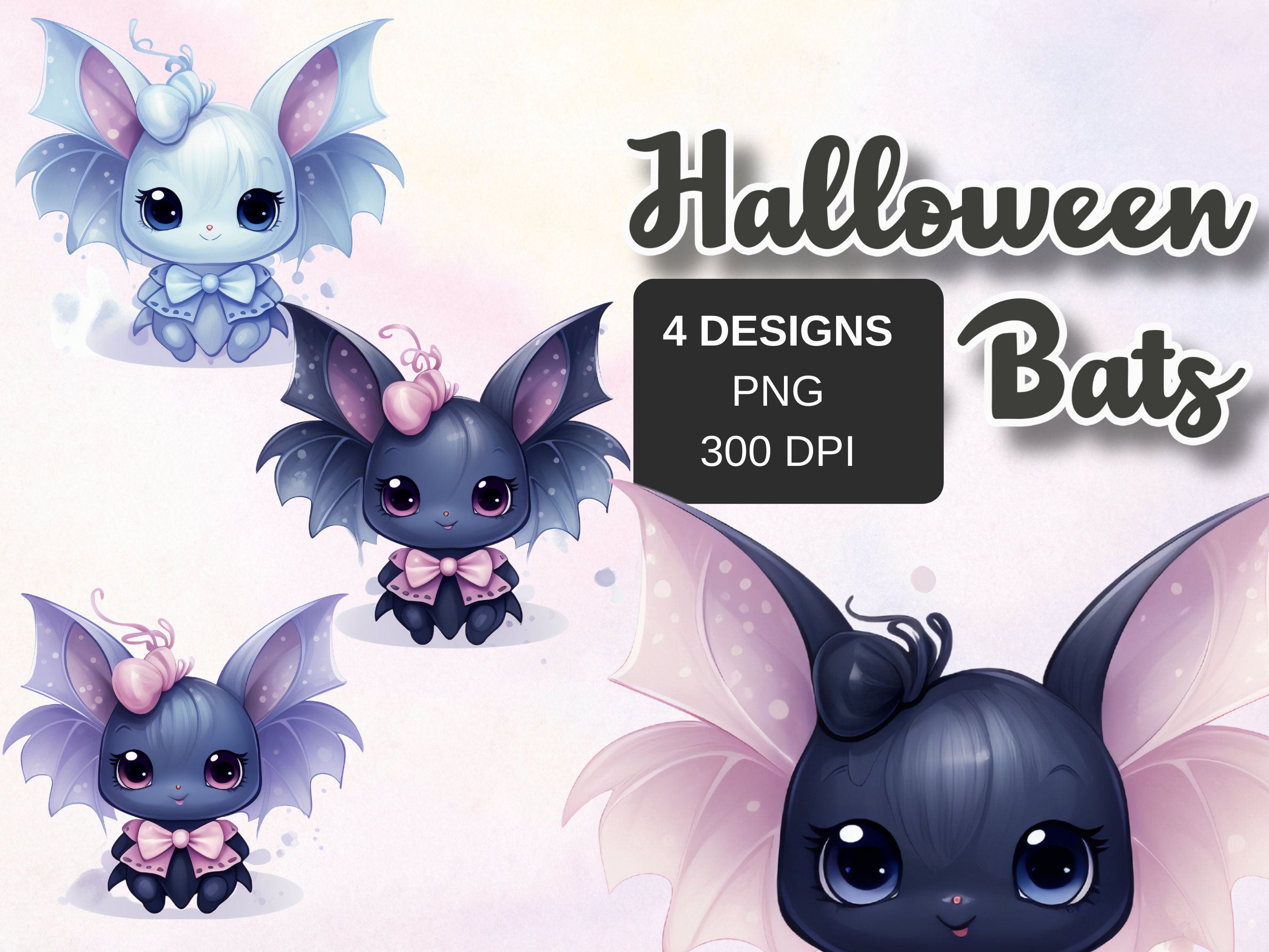 4 PNG Cute Bat Halloween Clipart Set, Cute Halloween Bat Clipart ...
