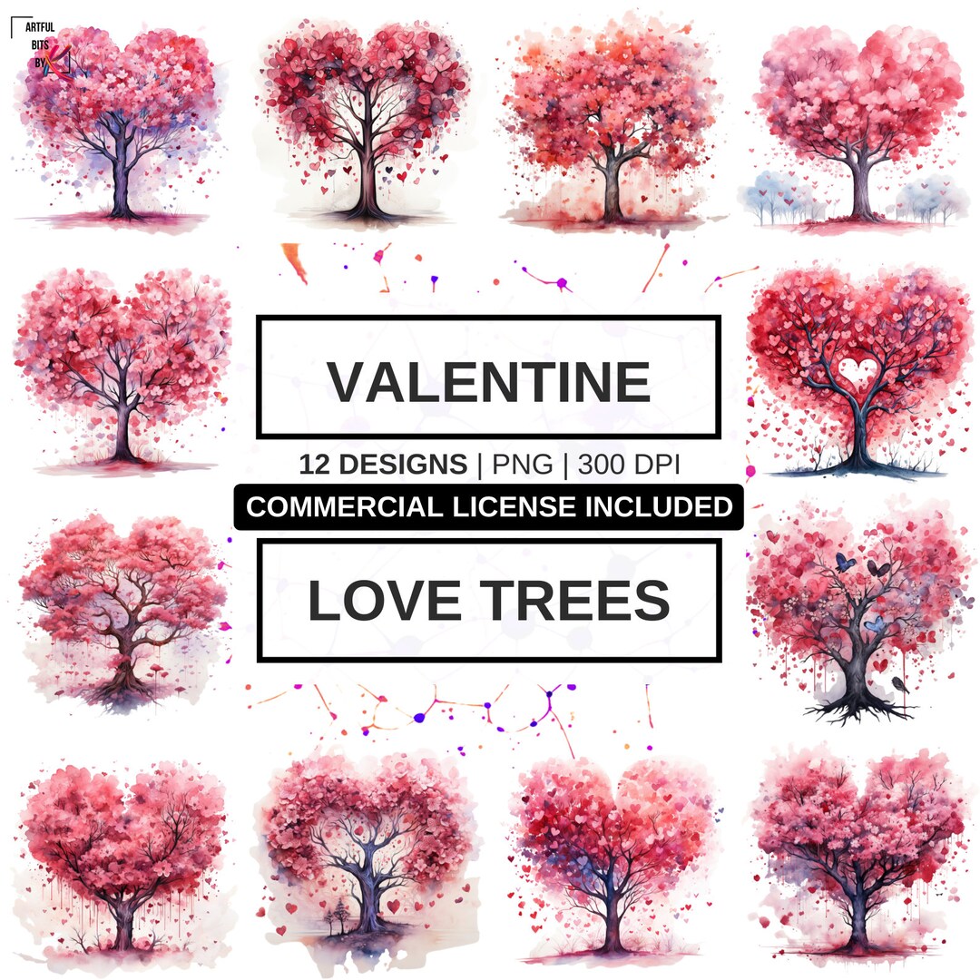 12 PNG Watercolor Valentines Tree Clipart, Valentines Day Clipart ...