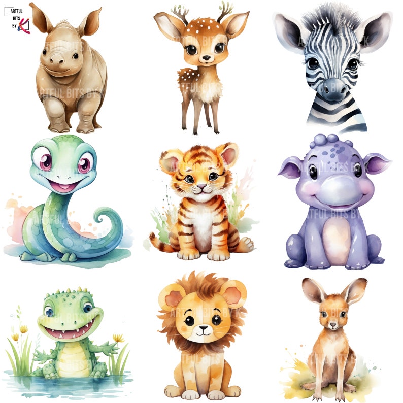 33 PNG Safari Jungle Animals Watercolor Clipart Bundle, Elephant, Hippo ...