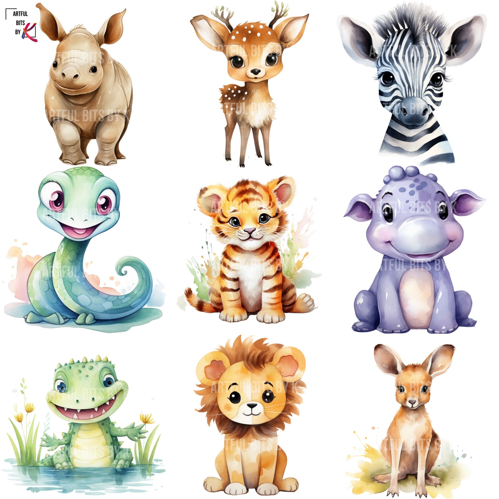 33 PNG Safari Jungle Animals Watercolor Clipart Bundle, Elephant, Hippo ...