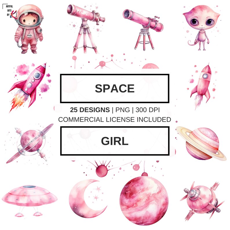 25 PNG Girly Space Watercolor Clipart, Girl Cute Astronaut , Planets ...