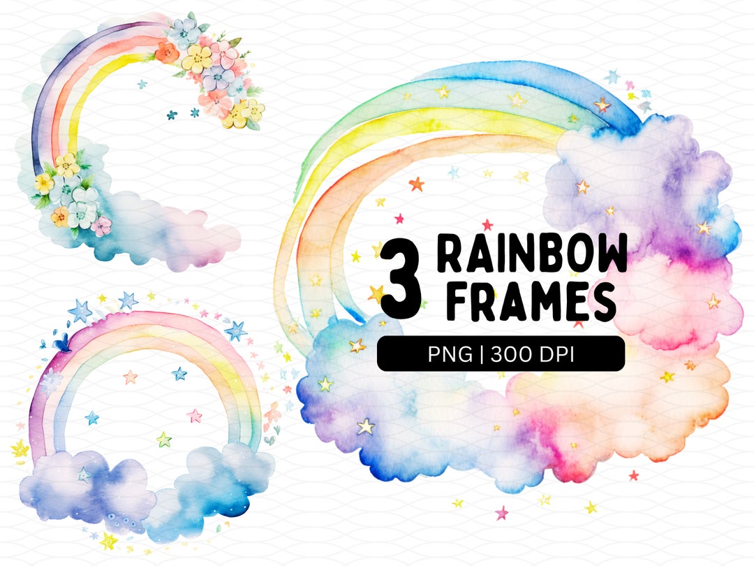 3 PNG Rainbow Clouds Frame Wall Art Set, Printable Wallart, Kids Room ...
