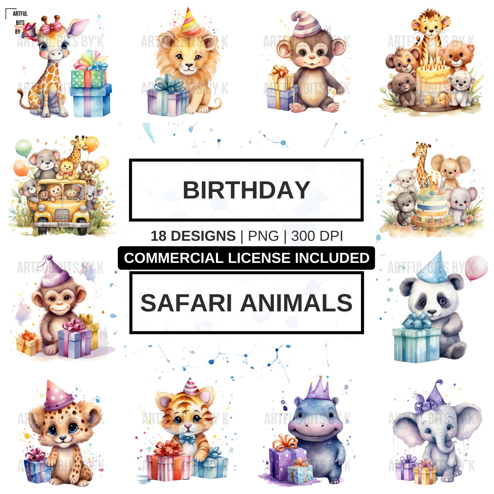 18 PNG Watercolour Safari Birthday Animals Clipart, Cute Birthday Party ...