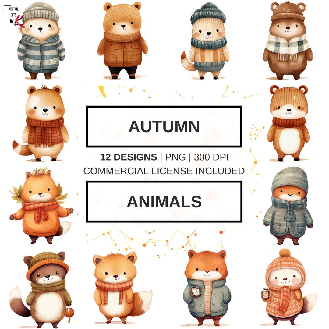 12 PNG Fall Autumn Woodland Animals Clipart, Cute Animals Wearing ...