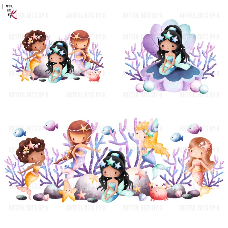 7 PNG Little Mermaid Watercolor Clipart Little Sea Babies - Etsy