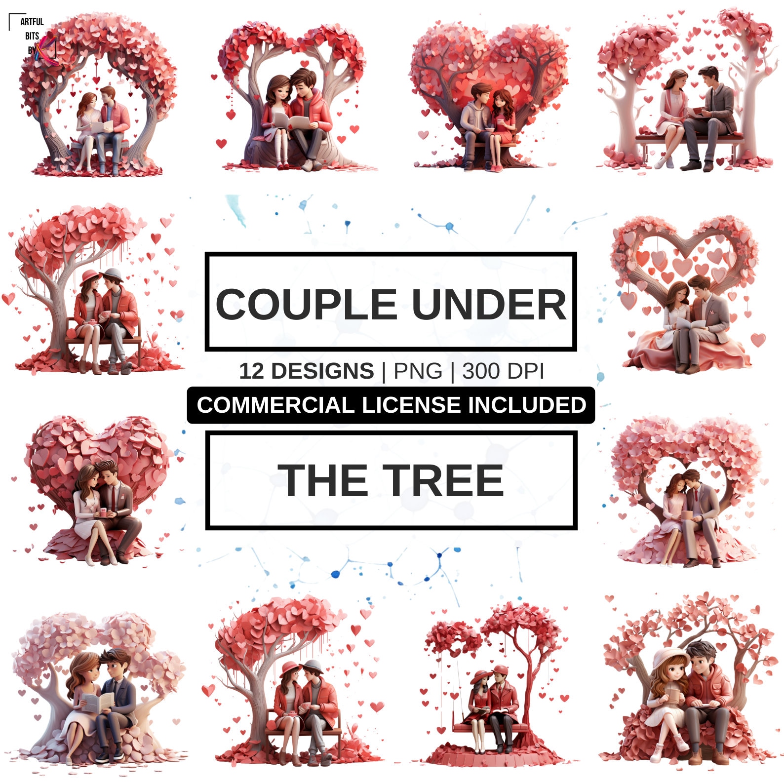 12 PNG Romantic Valentine's Day Clipart Set, 3D Couples Under Heart-shaped Trees, Love and ...