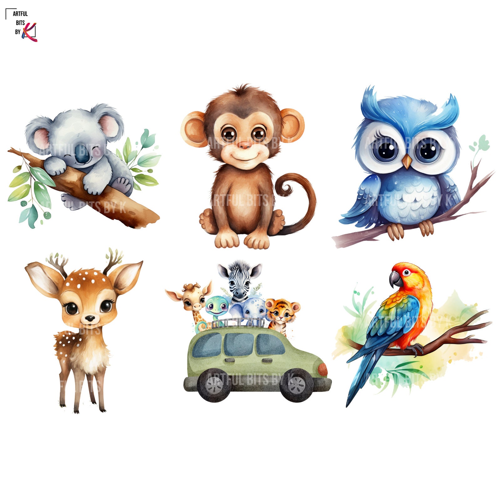 33 PNG Safari Jungle Animals Watercolor Clipart Bundle, Elephant, Hippo ...