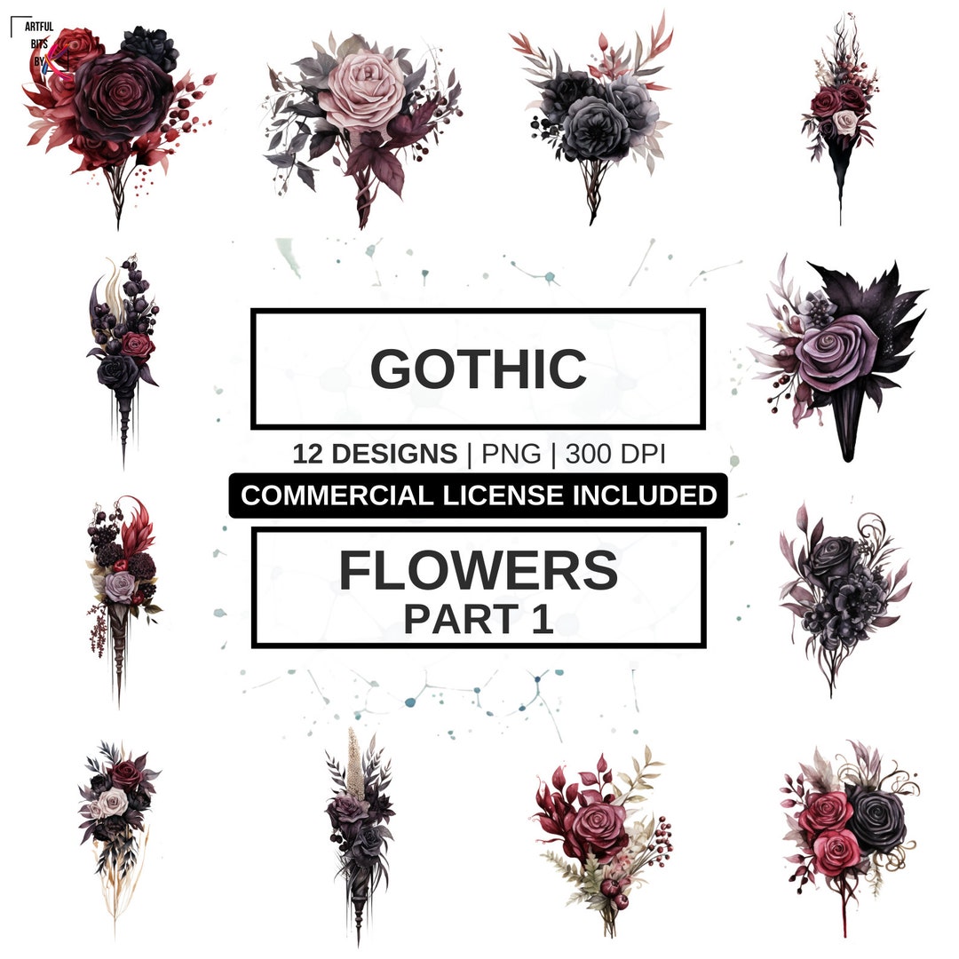 12 PNG Watercolor Gothic Floral Clipart Part 1, Magical Gothic Flowers ...